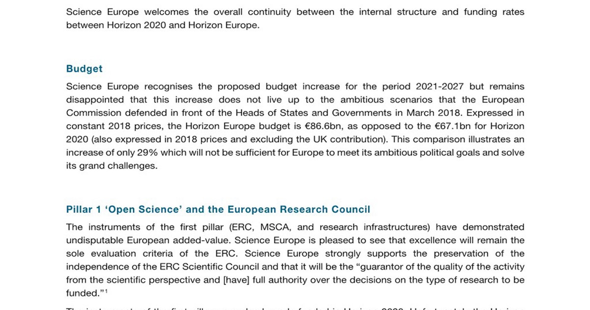 Reaction to the European Commission Proposal on Horizon Europe ...