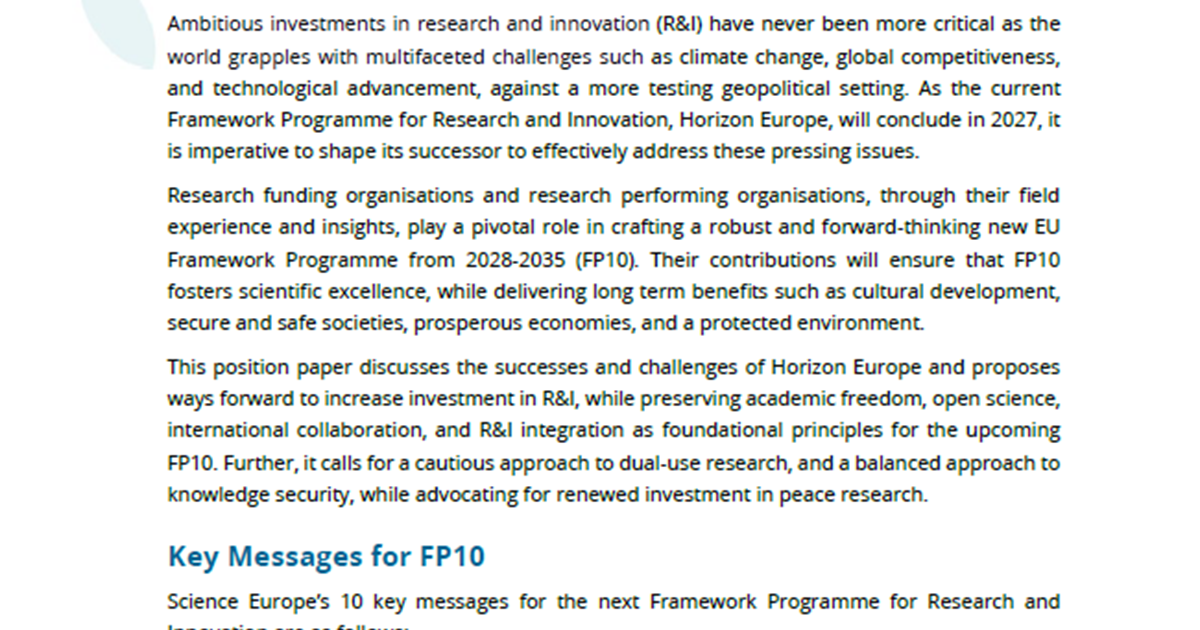 10 Key Messages for the 10th EU Framework Programme for Research and Innovation (FP10) - Science ...