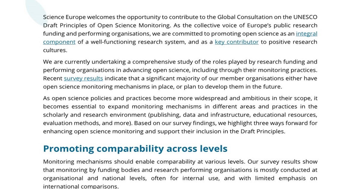 Support for UNESCO Draft Principles on Open Science Monitoring ...