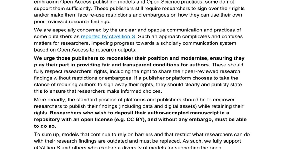 Joint Statement on Empowering Researchers in Open Access - Science Europe